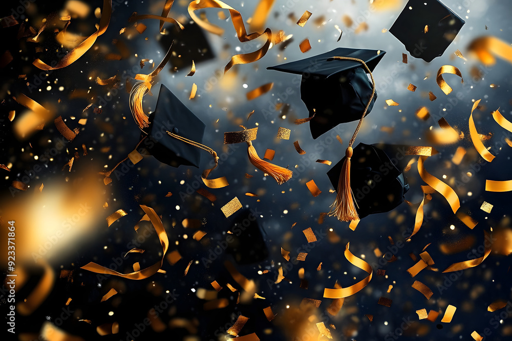 Flying awards confetti. Flying graduation caps with golden ribbons ...