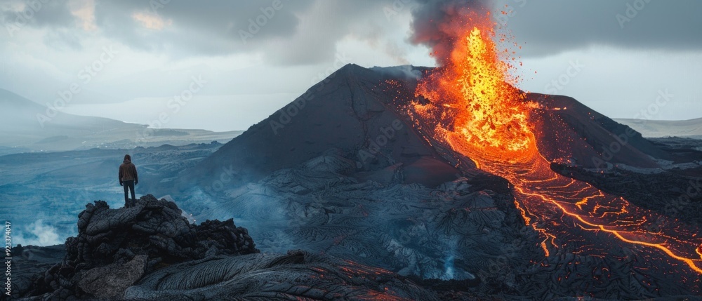Person in black attire observes erupting volcano on rocky terrain with ...
