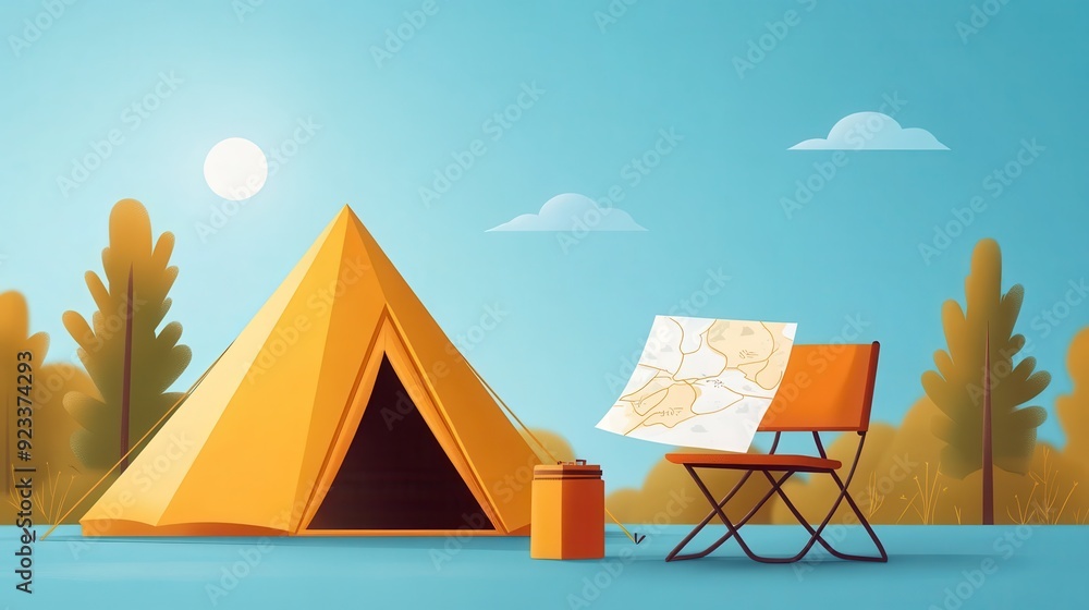 An empty camping setup features a bright yellow tent, a chair with a ...