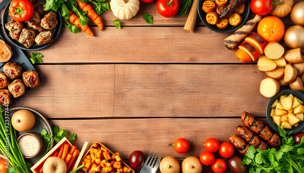 Summer BBQ or picnic food corner border over a rustic wood banner ...