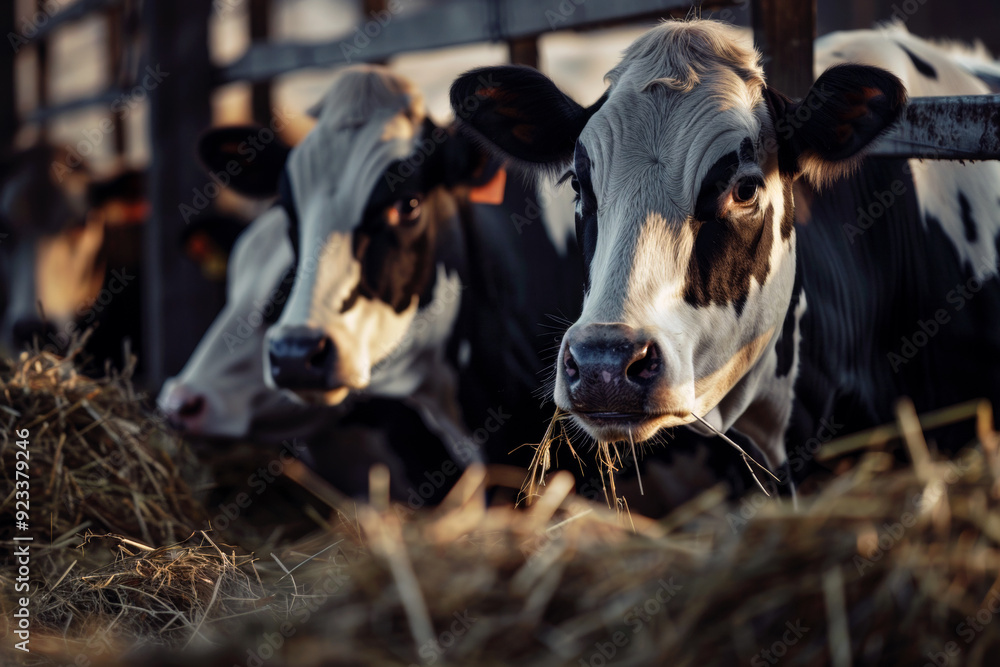 Clean breeding cows eating hay on bio organic dairy farm. Animal ...