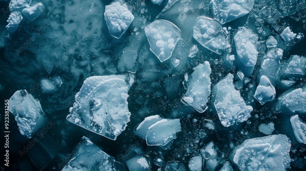 Chunks of ice float on a dark, icy surface, creating a dramatic and ...