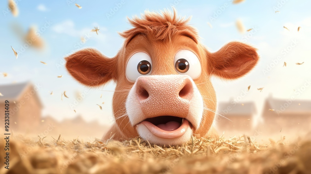 Image of a joyful animated cow nestled in hay, depicted with wide eyes ...