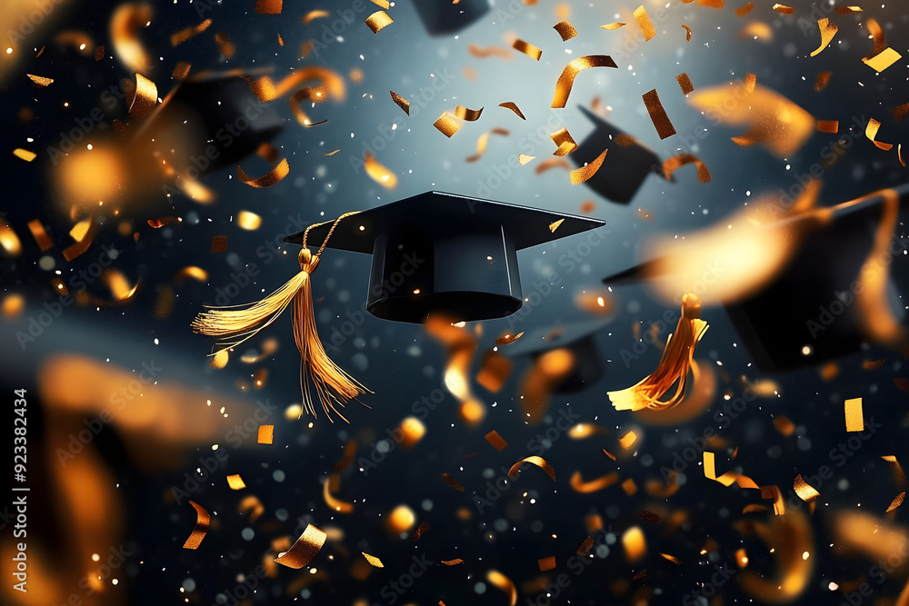 Flying awards confetti. Flying graduation caps with golden ribbons ...