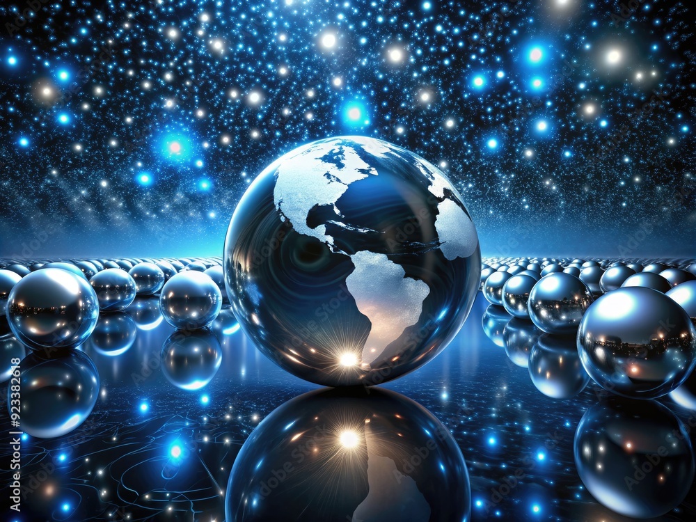 dramatic futuristic atmosphere of metallic silver globe orbiting among ...
