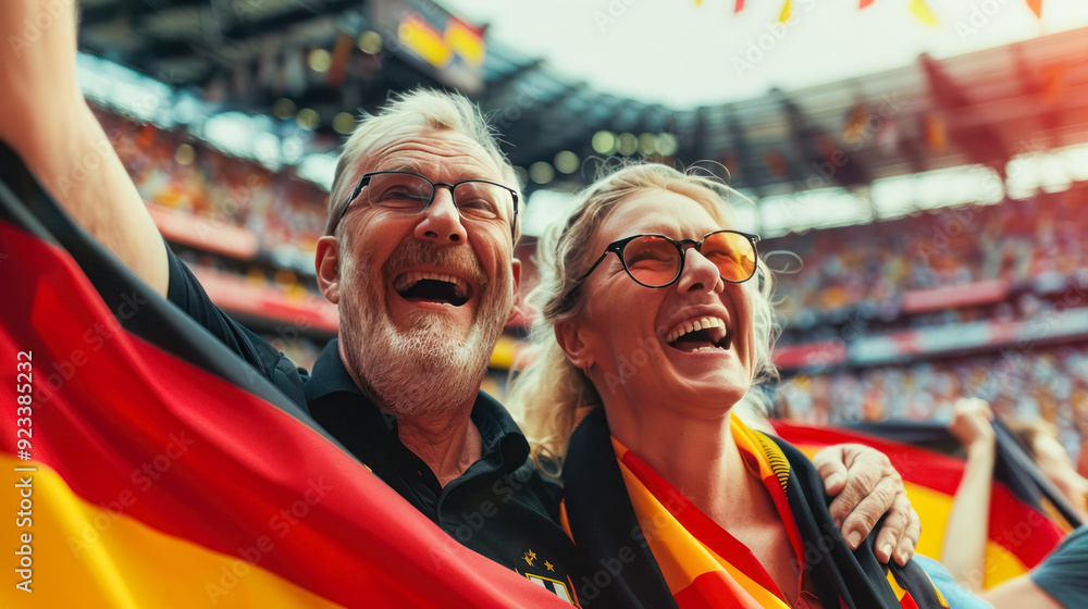 German football fans cheering on stadium. German supporter on soccer ...