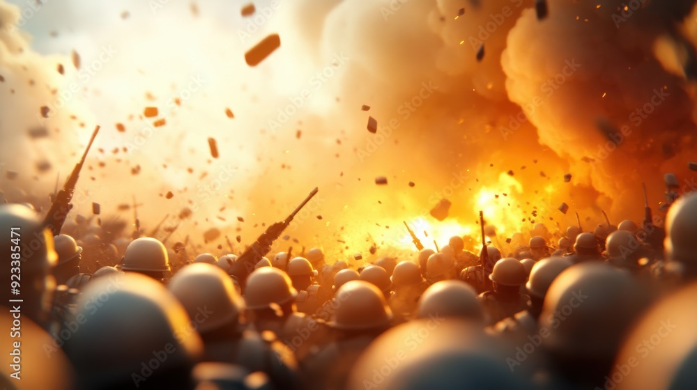 An action-packed scene of soldiers charging into battle amidst ...