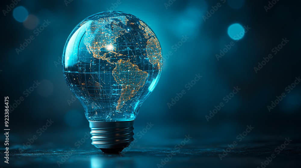 A light bulb with a map of the world inside, representing the global ...