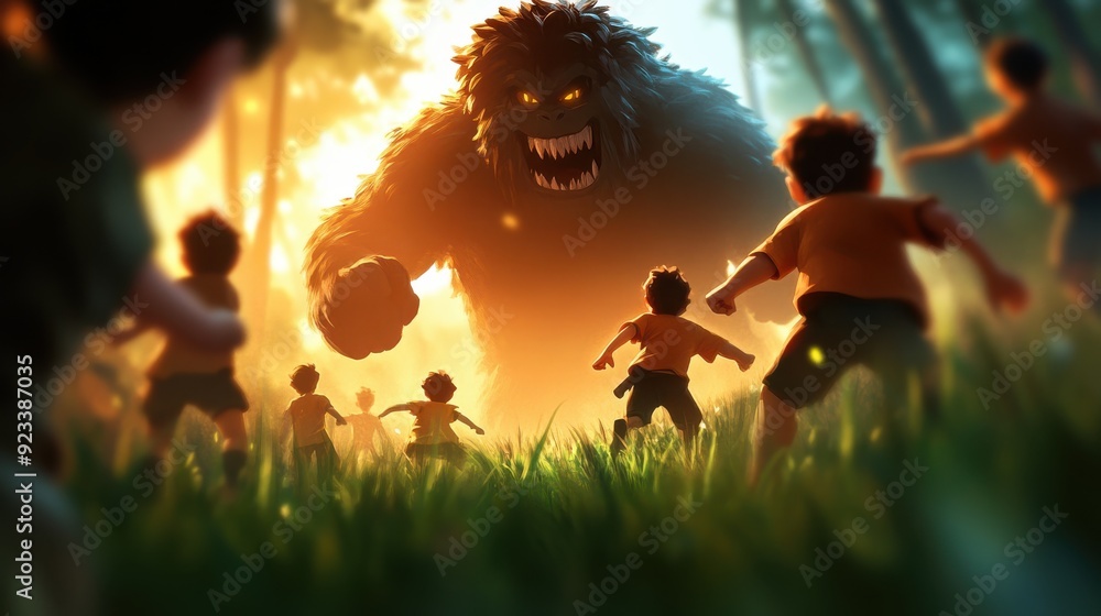 Animated scene of children courageously standing up to a giant ...