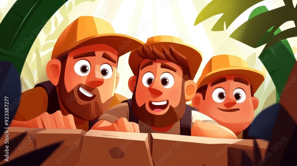 Three animated explorers with beards, in yellow hats and backpacks ...