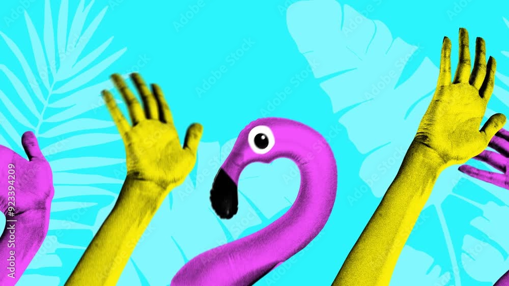 Stop motion. Animation. Pink flamingo float and raised hands against ...