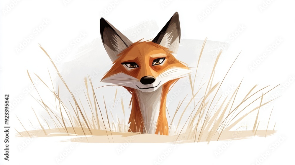 A clever and sly cartoon fox with a smirk on its face, peeking through ...