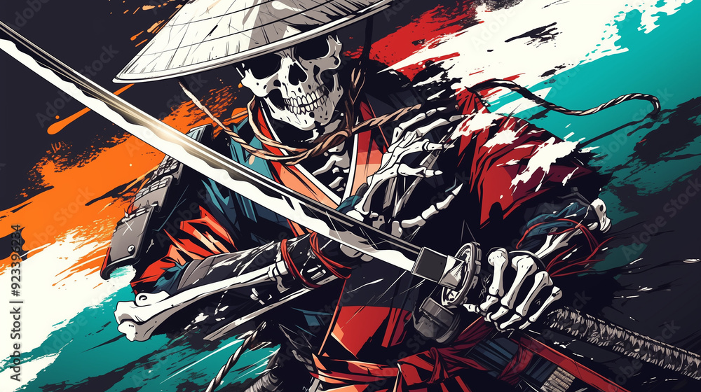 Depiction of a samurai skeleton in a traditional kimono and open hat ...