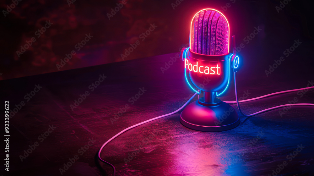 Professional microphone and red neon on air sign on dark blue ...