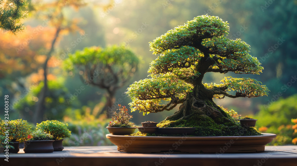 Beautiful bonsai trees arranged in a peaceful garden setting, captured ...