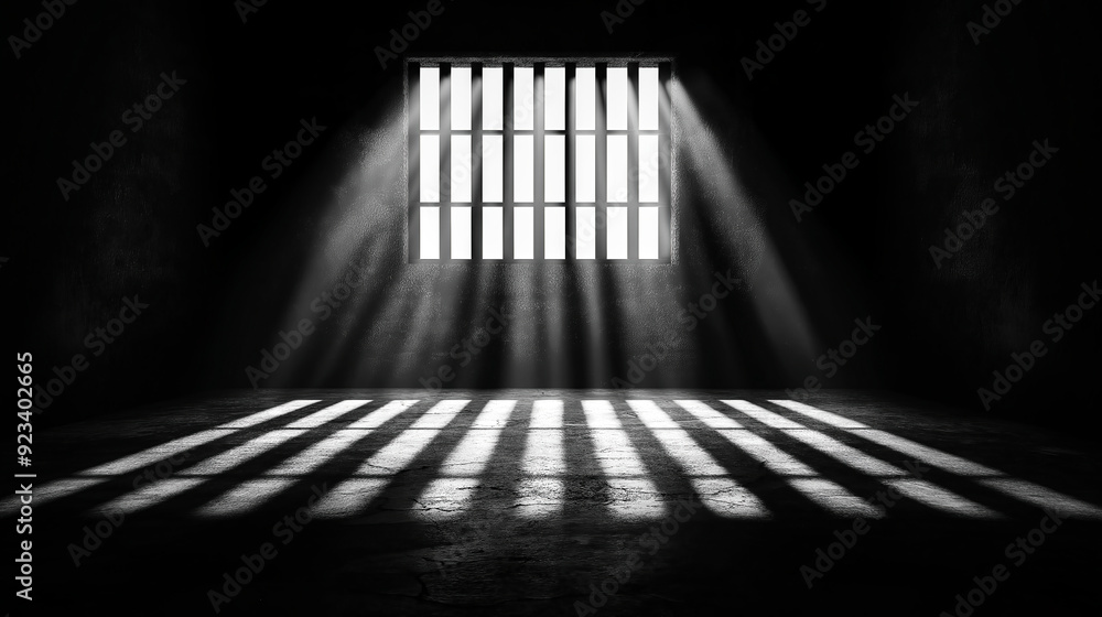 Light rays stream through window bars, casting shadows in a dim, gritty ...