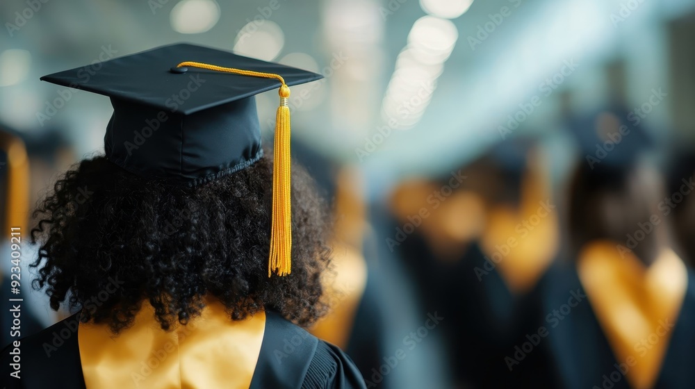 A scene showing the back view of multiple graduates wearing traditional ...