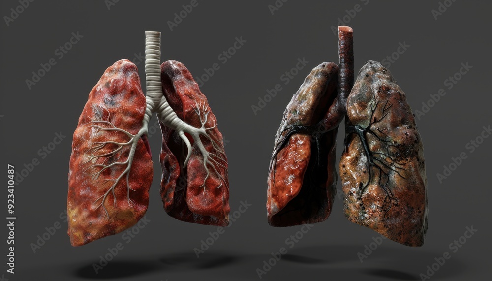 Detailed anatomical model of human lungs showcasing healthy and ...