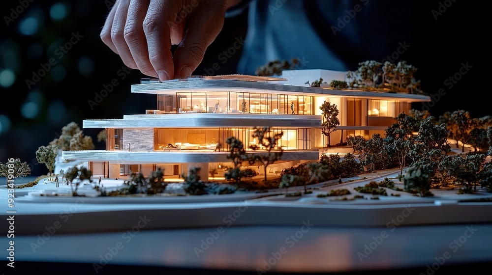 Architectural model adjustment, a hand fine-tuning a contemporary house ...