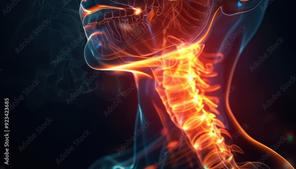 Human neck anatomy illustration highlighting the spinal column and ...
