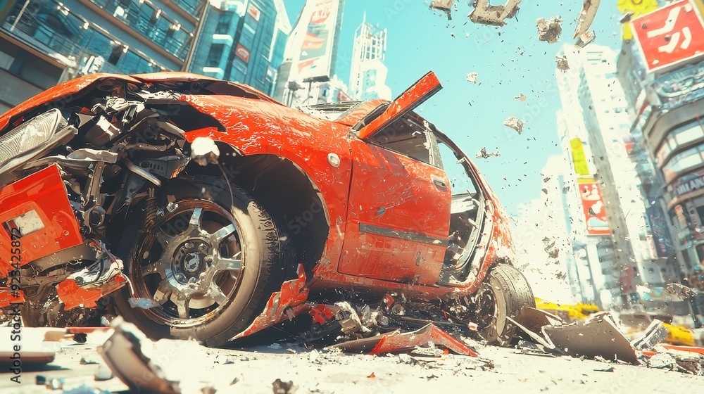 Urban Collision Scene, a depiction of a city street marred by a severe ...