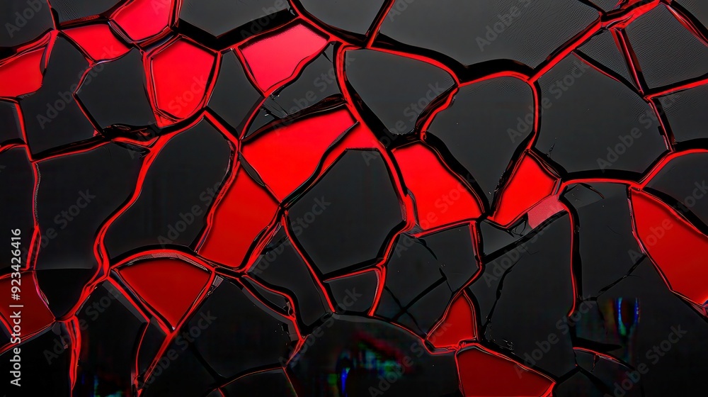 Crimson Veins on Midnight Canvas, vivid red fissures weave across a ...