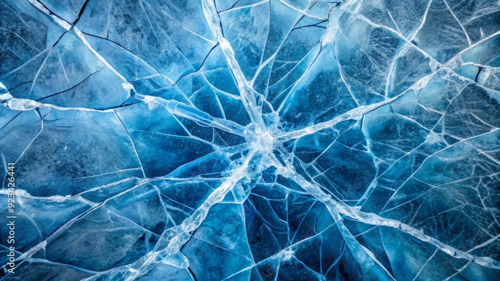 Frozen blue abstract background with intricate cracks and fissures ...