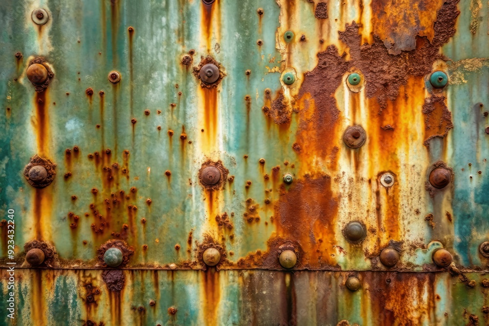 Weathered, rusty metal wall texture with peeling paint, corroded rivets ...