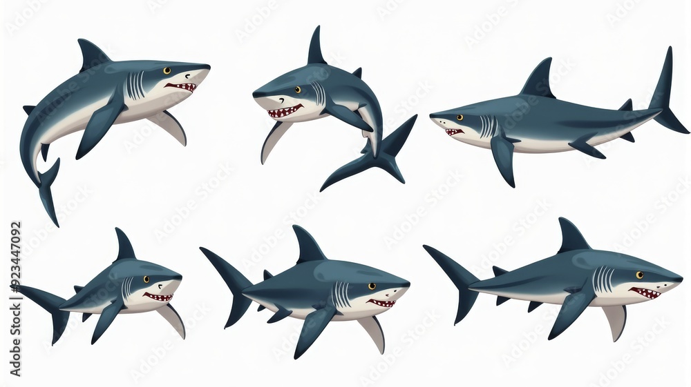 Realistic Shark Illustrations of Great White Sharks in Various Poses ...