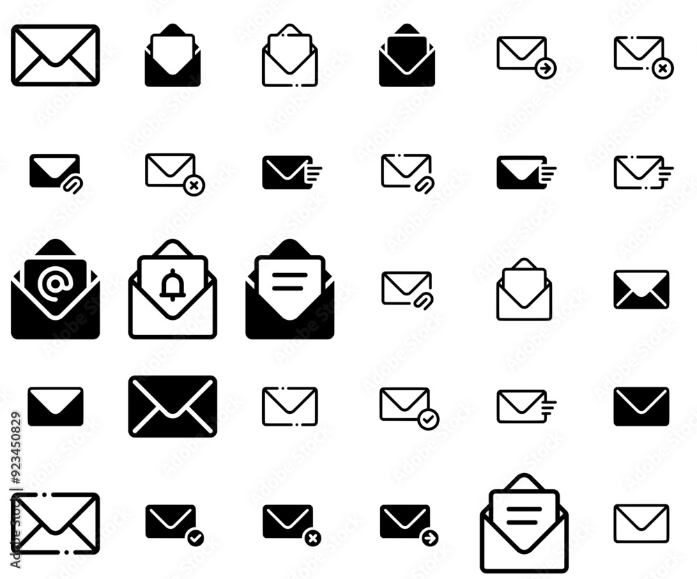 Mega Set Of Vector Envelope Icons Collection Isolated Silhouette Solid ...