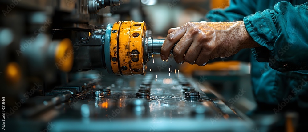 an industrial worker operating a machine lever in a bustling factory ...