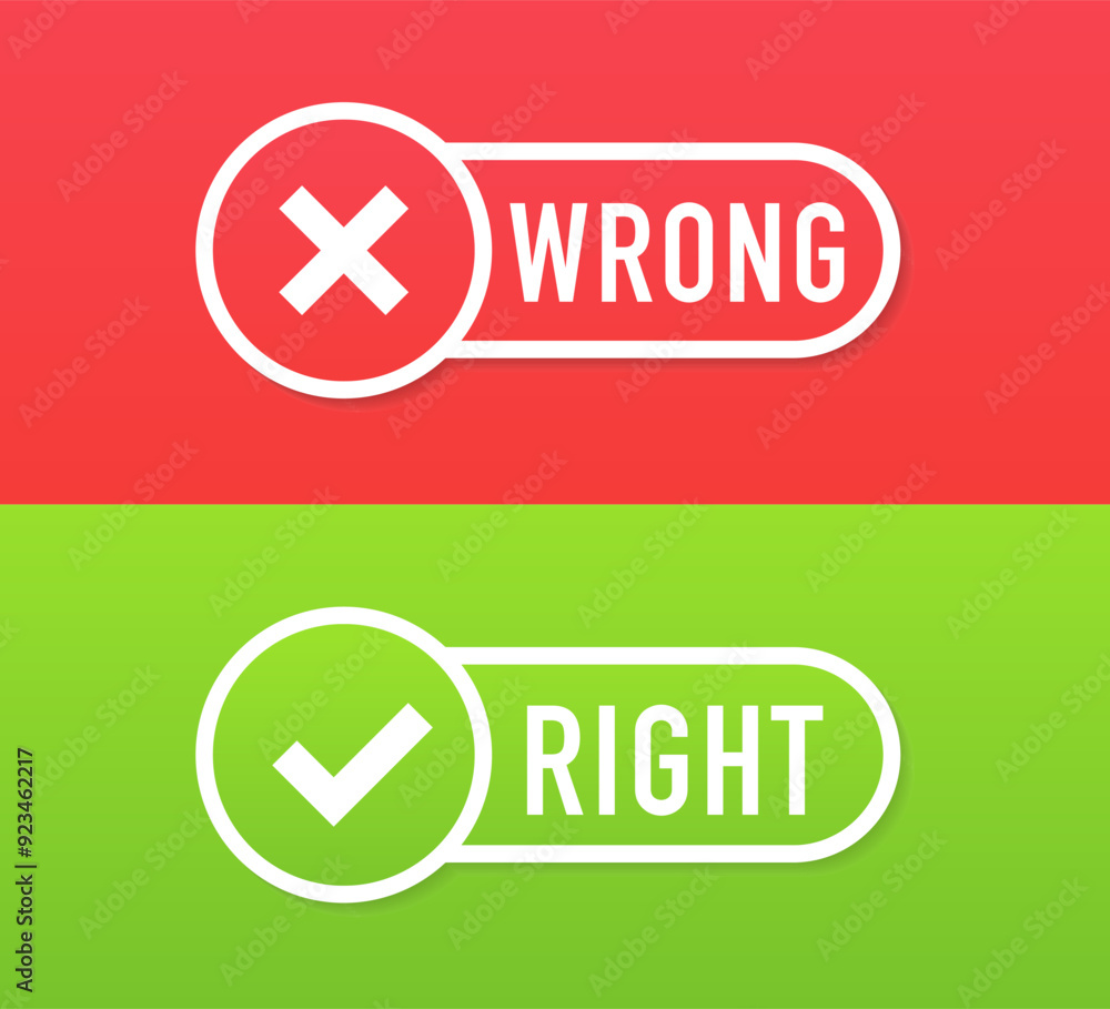 Check mark green and cross red. Realistic right and wrong button. Quiz rating icons. Vector ...