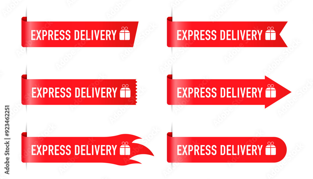 Express delivery label design sale promotion collection. Red ribbons ...