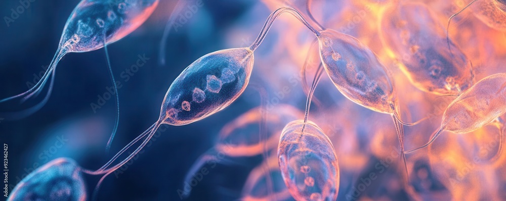 Protozoa swimming in a droplet of water, magnified under a microscope ...