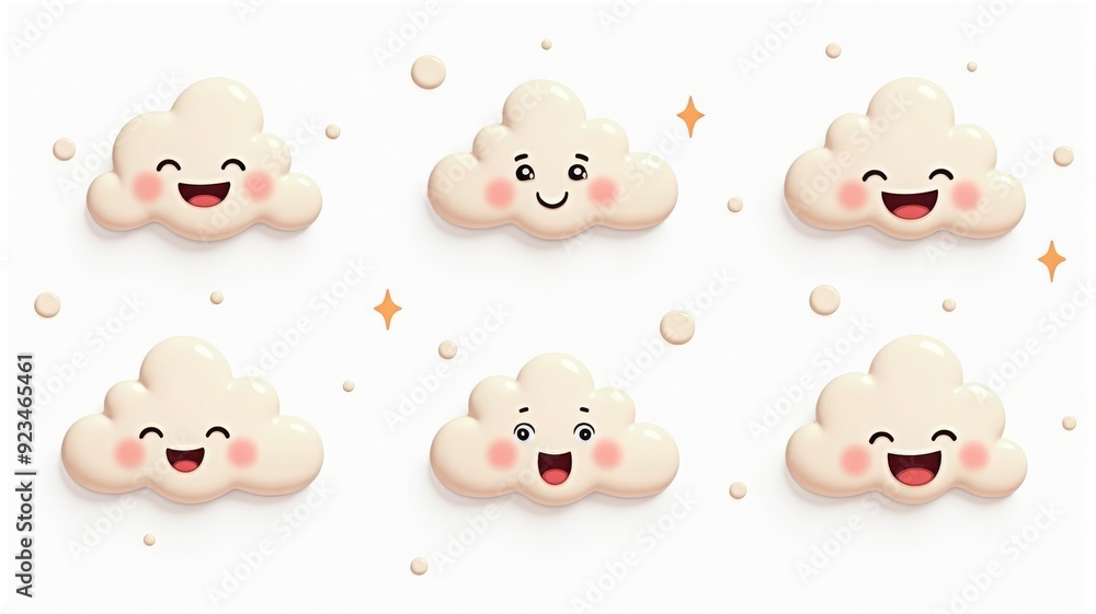 Cute Kawaii Cloud Faces Illustration with Various Emotions - Perfect for Kids' Designs and ...