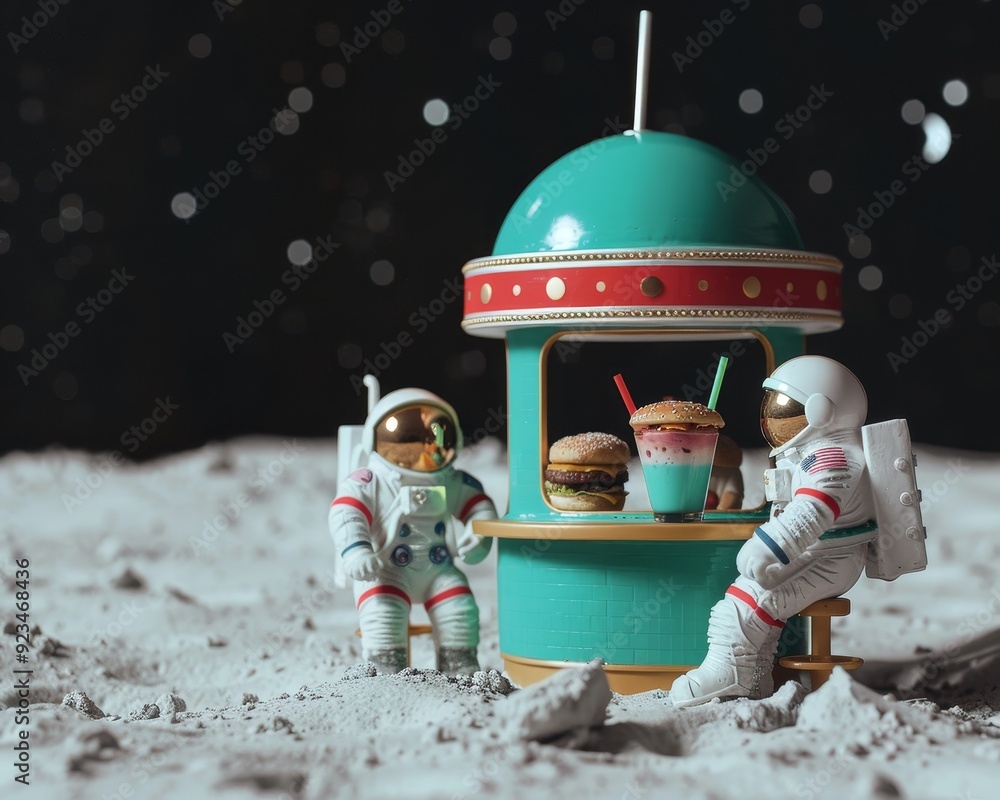 Astronauts enjoy burgers and drinks at a whimsical moon food stand, set ...