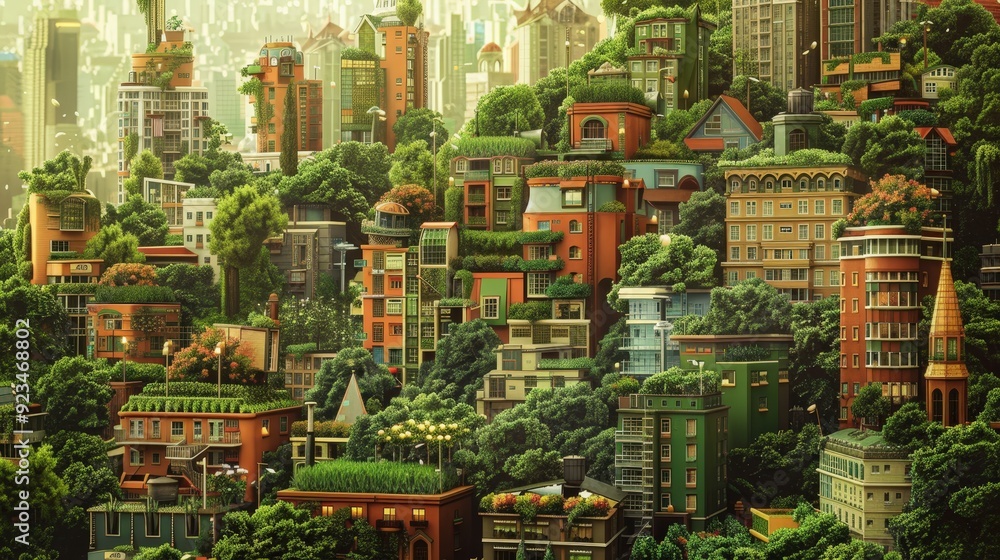 Capture a city landscape with a focus on urban agriculture, including ...