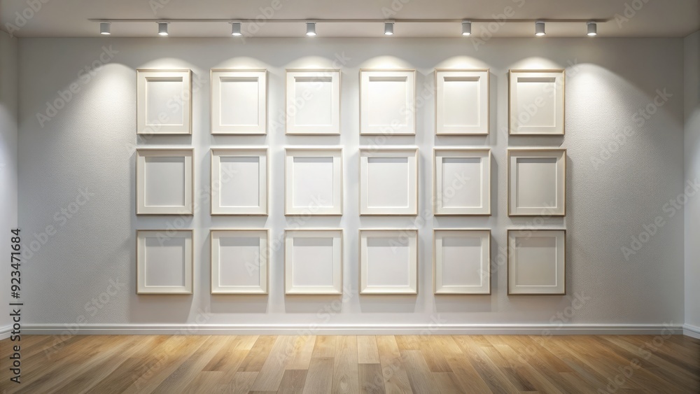 Empty white gallery wall with 12 blank frames in a staggered layout ...