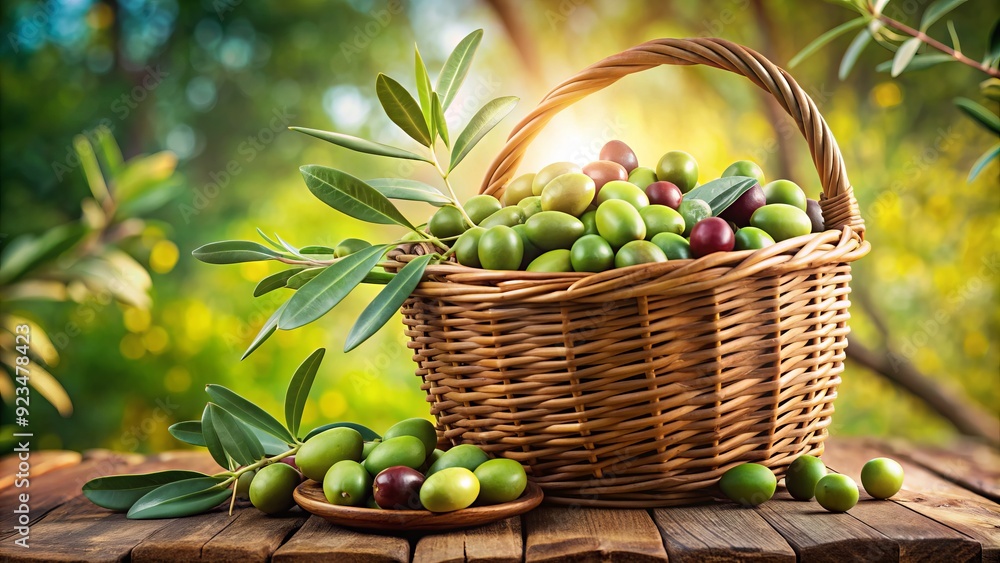 Freshly picked olives overflowing from a wicker basket, surrounded by ...