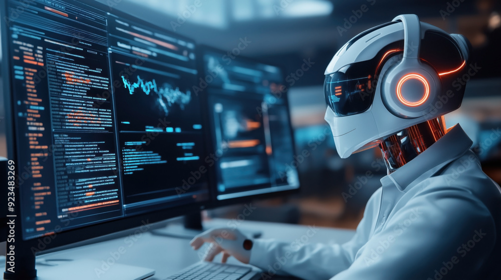 Futuristic humanoid robot wearing headphones, interacting with multiple ...