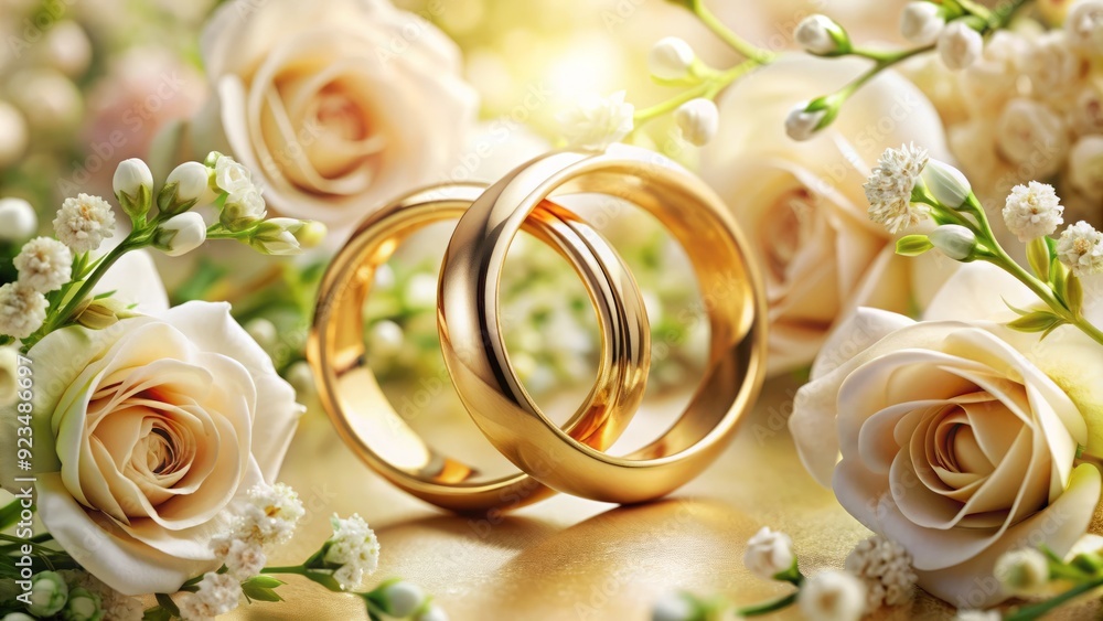 Interlocking golden wedding rings surrounded by delicate florals and ...