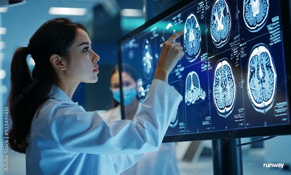 Female Asian Neuroscientist Analyzing Brain Scans on Interactive ...