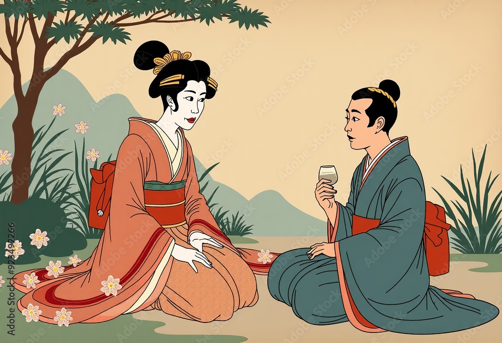 Simple Line Drawing of a Japanese Couple in a Garden - Ukiyo-e ...