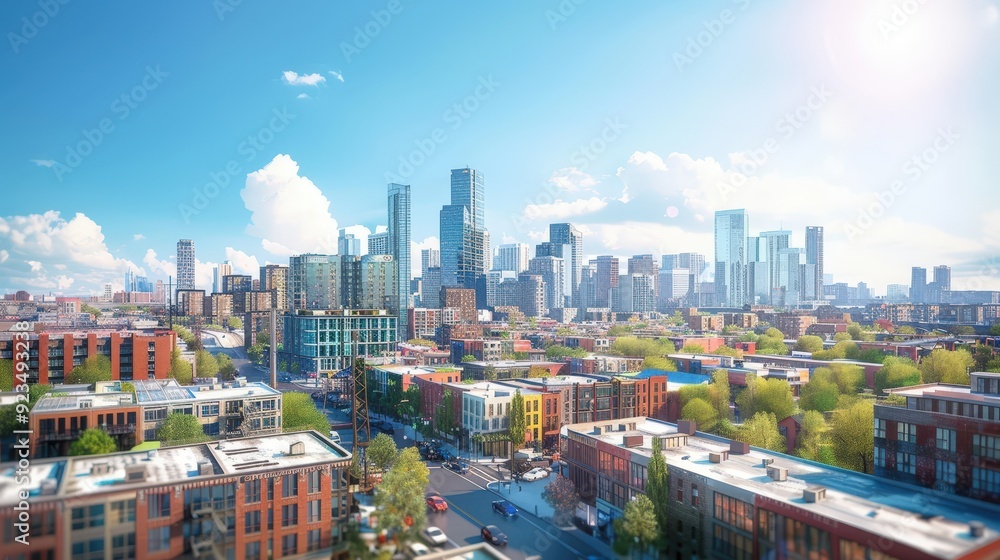 Create a cityscape with a focus on a significant urban renewal project ...
