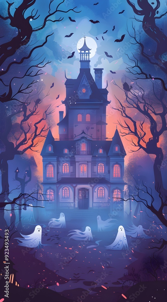 A vector illustration of a large, decrepit manor house with ghostly ...
