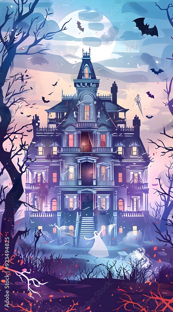 A vector illustration of a large, decrepit manor house with ghostly ...