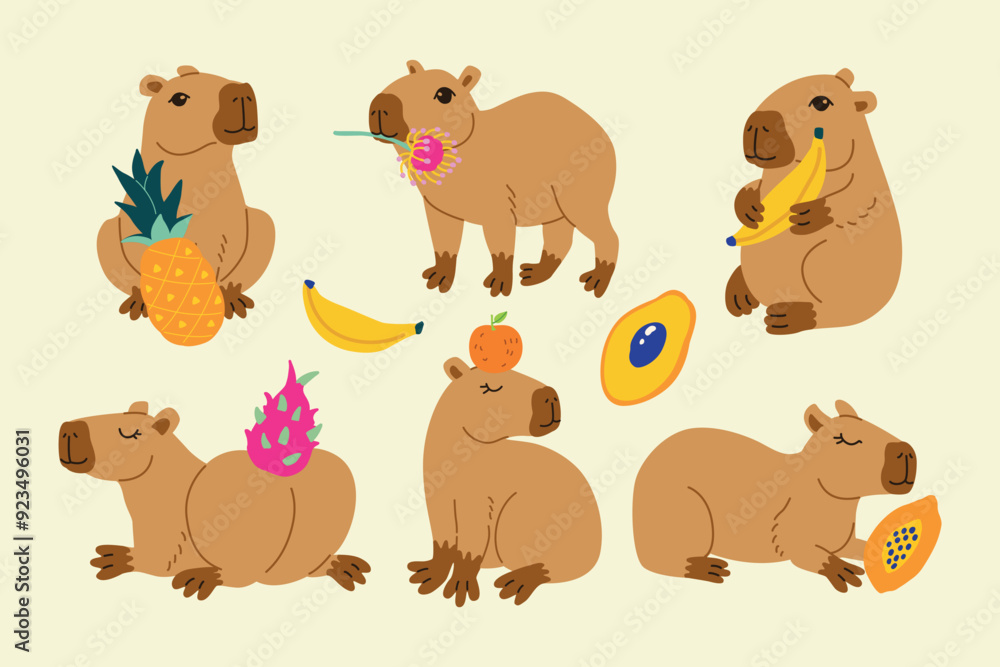 Cute capybara with exotic fruits in various poses vector illustration ...