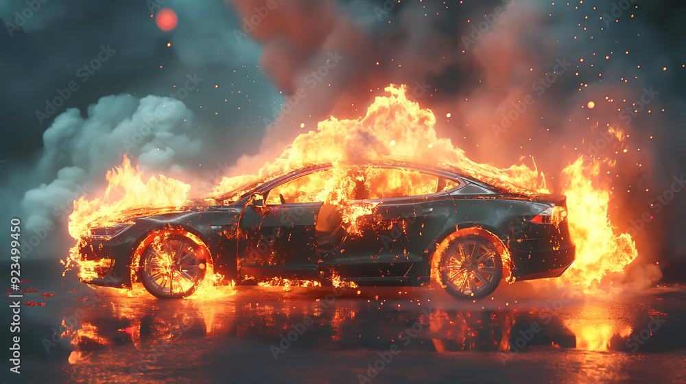 Electric EV car is burning with huge flames, Car battery exploded ...