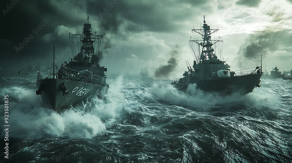 Intense Naval Conflict: Two Ships Battling Stormy Seas in HD 3D ...