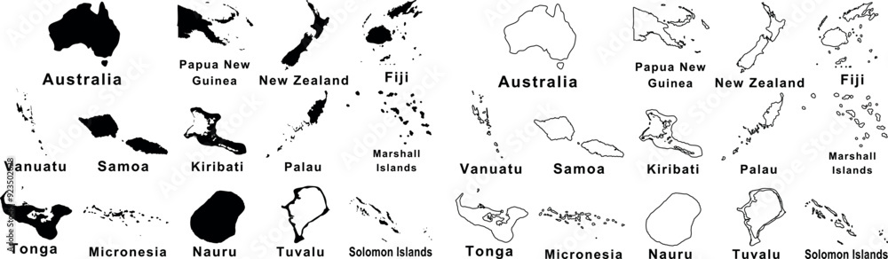 Australia continent map silhouette and outline vector, New Zealand ...